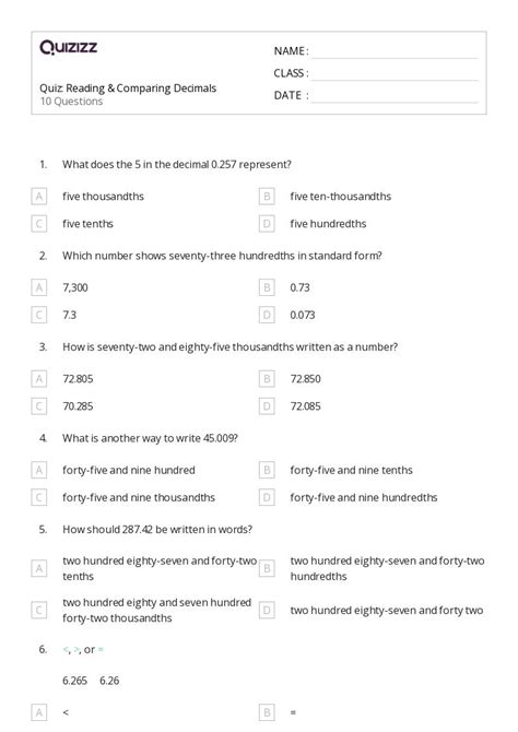 Comparing Decimal Worksheet