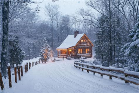 A Picturesque Winter Scene Features A Cozy Cottage Among Tall