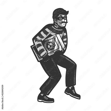 Sneaking Thief With Safe Sketch Engraving Vector Illustration Scratch