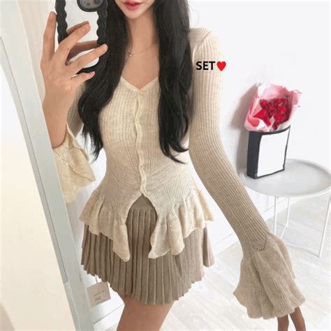 일주일특가진행 고퀄 [ 여신set ]언발 프릴 다닝 트임 컷팅 나팔소매 커프스 시스루 니트 가디건 밴딩 골지 플리츠 미니 스커트 투피스 세트 에이블리