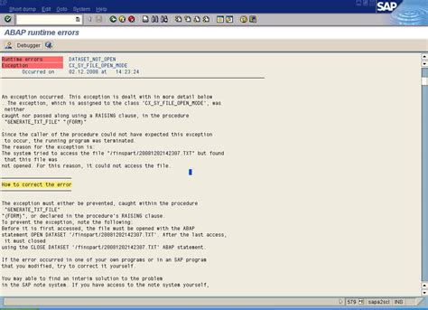 abap runtime error dataset not open