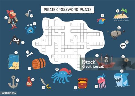 영어로 된 어린이를 위한 크로스워드 퍼즐 게임 영어로 명명된 귀여운 만화 해적 요소 벡터 일러스트 레이 션 A4 형식을 인쇄 할 준비가되었습니다 가공의 인물에 대한 스톡