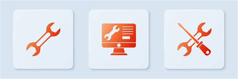 컴퓨터 모니터 서비스 렌치 스패너 및 드라이버 및 렌치를 설정합니다 흰색 정사각형 버튼 벡터 공구상자에 대한 스톡 벡터 아트 및