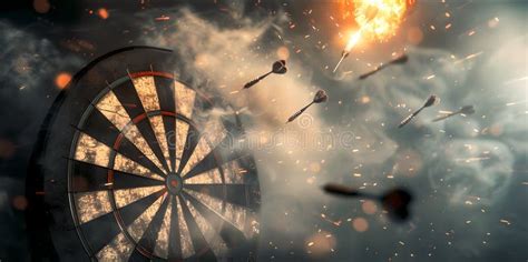 Dramatic Dartboard Scene With Darts Flying Through Smoky Air Intense