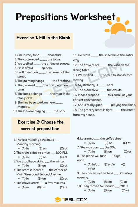 Prepositions Exercises Prepositions Worksheet Fill In The Blank
