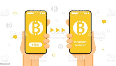돈 암호 화폐 모바일 전송 개념 화면에 트랜잭션 앱과 스마트 폰을 들고 손 손에 휴대 전화의 벡터 그림 흰색 배경에 격리 템플릿