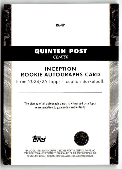 Topps Nba Inception 2025 Basketball No Ra Qp Quinten Post Rookie Auto
