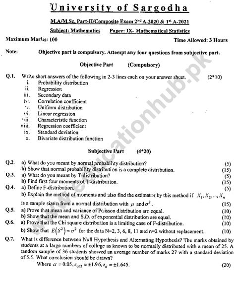 Mathematical Statistics Msc Mathmatics Uos Past Paper 1 A 2021