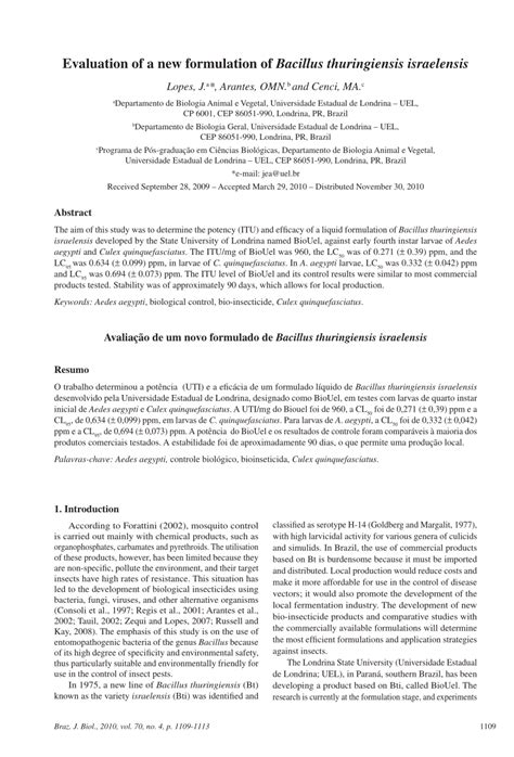Pdf Evaluation Of A New Formulation Of Bacillus Thuringiensis Israelensis