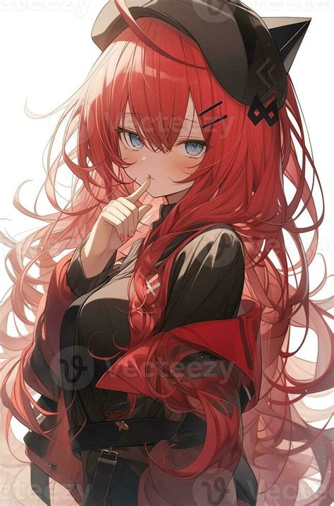 Pretty Anime Girl With Red Hair Pulled Back Created With Generative Ai