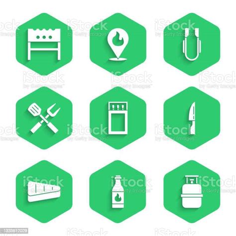 세트 매치박스 와 일치 타바스코 소스 프로판 가스 탱크 바베큐 나이프 스테이크 고기 크로스 포크 주걱 고기 집게와 바베큐 화로 아이콘 벡터 가연성에 대한 스톡 벡터 아트 및