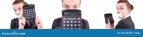 Woman With Calculator In Fraud Concept Isolated On White Stock Image