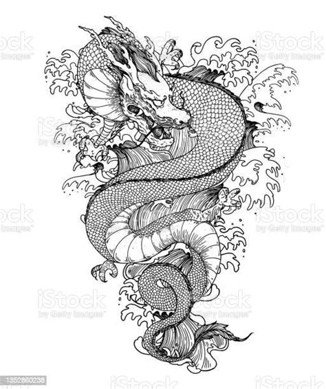바다 파도와 중국 용 손으로 그린 벡터 일러스트 문신 인쇄 티셔츠 프린트 패브릭 및 기타 용도에 대한 손으로 그린 스케치 일러스트레이션 중국 용에 대한 스톡 벡터 아트 및