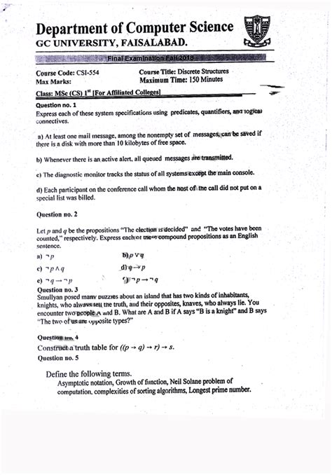 Bscs Computer Science Gcuf Past Papers For Affiliated Colleges