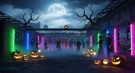 Spooky Halloween Night Scene With Jack O Lanterns And Neon Lights Under