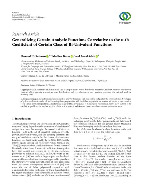 Pdf Generalizing Certain Analytic Functions Correlative To The N Th Coefficient Of Certain
