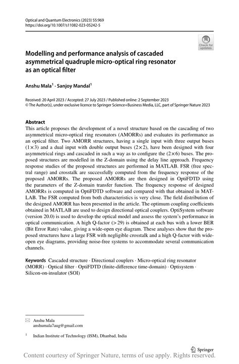 Modelling And Performance Analysis Of Cascaded Asymmetrical Quadruple Micro Optical Ring