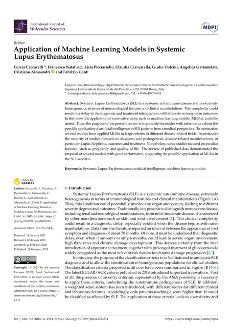 Pdf Application Of Machine Learning Models In Systemic Lupus Erythematosus