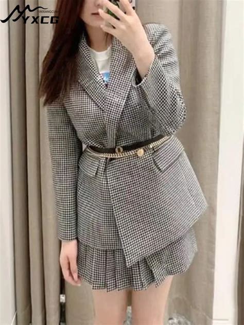 여성용 긴팔 플리티드 스커트 정장 여성용 투피스 세트 여성용 정장 코트 새로운 프랑스 블레이저 격자 무늬 트위드 세트 2023 Aliexpress