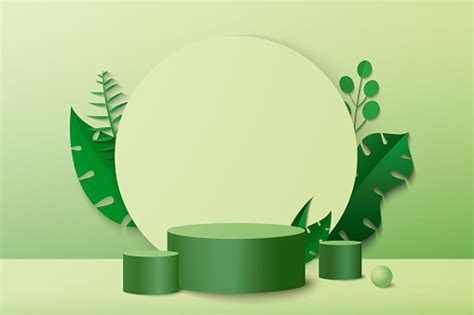 기하학적 형태의 추상적 최소 장면입니다 녹색 식물 잎녹색 배경의 실린더 연단 제품 프리젠 테이션 모형 쇼 제품 연단 무대 받침대 또는 플랫폼 3d 벡터 0명에 대한 스톡