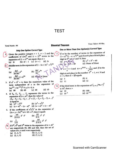 Test On Binomial Theorem Jee Mains Pdf
