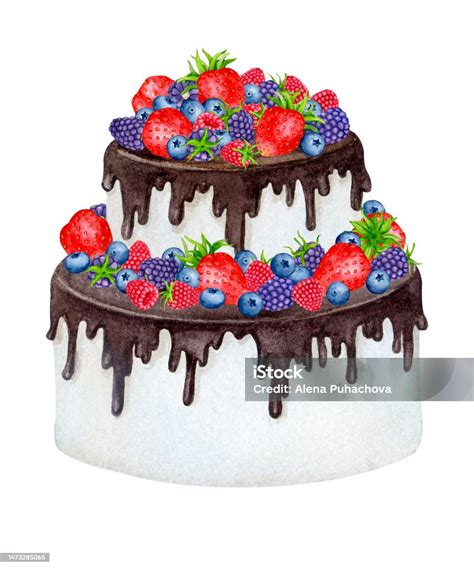 초콜릿과 딸기로 장식 된 케이크 엽서 인사말 카드 초대장 메뉴 로고 패브릭 프린트의 디자인을 위한 수채화 휴일 클립아트 결혼식 생일 기념일 디자인 결혼 의식에 대한 스톡