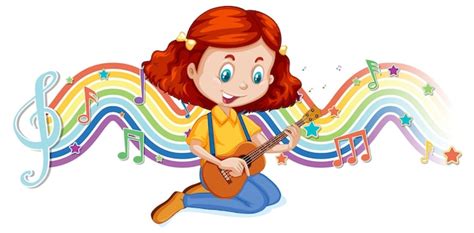무지개 파도에 멜로디 기호로 기타를 연주하는 소녀 무료 벡터