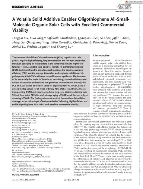 Pdf A Volatile Solid Additive Enables Oligothiophene All‐small