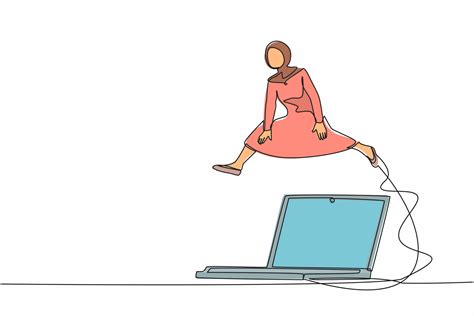 single one line drawing arab businesswoman jumping over big laptop