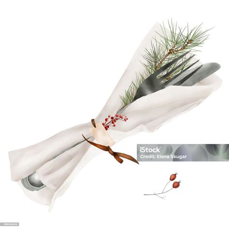 포크와 나이프를 린넨 냅킨에 싸서 서빙 세트 수채화 디지털 일러스트레이션 칼 붙이와 크리스마스 전나무 가지는 리본으로 묶여 흰색 배경에 고립되어 있습니다 부엌과 대중음식점을