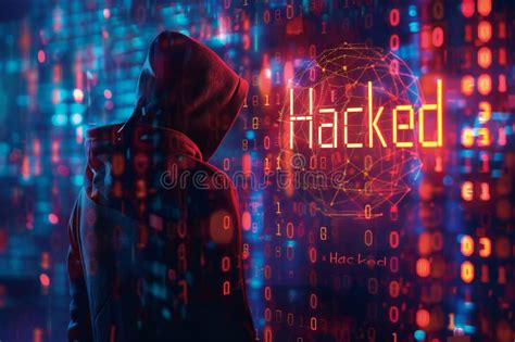 Digital Image Of Abstract Hacker Silhouette In A Hood Against Binary