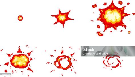 픽셀 아트 폭발입니다 게임 아이콘을 설정합니다 감정에 대 한 만화 붐 불꽃 효과입니다 8비트 벡터입니다 쾅 버스트 연기와 플래시 핵 거품 다 이너 마이트 폭발 애니메이션