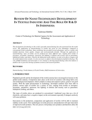 REVIEW OF NANO TECHNOLOGY DEVELOPMENT IN TEXTILE INDUSTRY AND THE ROLE OF R D IN INDONESIA PDF