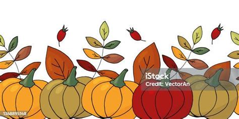 할로윈 또는 추수 감사절시즌 인사말 카드 흰색 배경에 화려한 잎과 호박과 가을 원활한 국경 10월에 대한 스톡 벡터 아트 및 기타 이미지 Istock