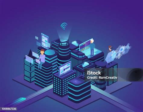 첨단 기술의 스마트 시입니다 시스템 및 컴퓨터 무선 네트워크의 도움으로 시 프로세스의 자동화를 제어 합니다 컨셉 비즈니스 기술입니다 도시에 대한 스톡 벡터 아트 및 기타