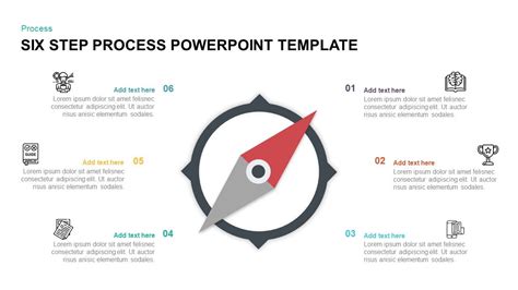 The Six Step Process Powerpoint Template Is Shown In Red And Black With Icons On It