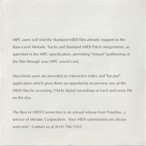 Nautilus The Best Of MIDI Connection Volume 1 Metatec Corporation Free Download Borrow
