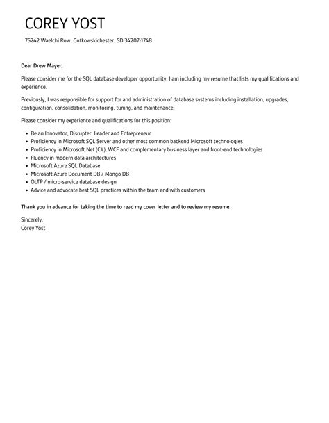 SQL Database Developer Cover Letter Velvet Jobs
