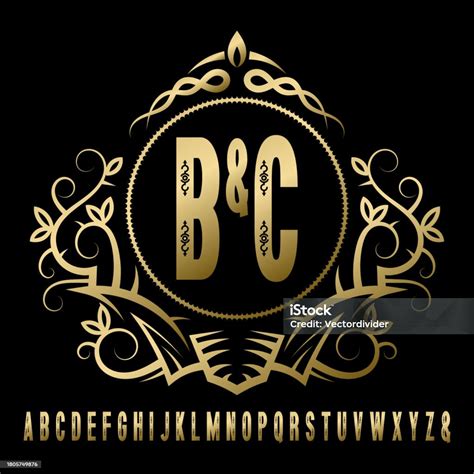 황금 무늬의 알파벳 대문자 세트와 빈티지 모노그램 럭셔리한 디자인 검은색 바탕에 꽃무늬 화환으로 액자에 넣은 금색 글자 0명에