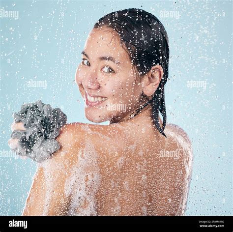 Woman Portrait And Shower With Water Soap And Sponge For Cleaning
