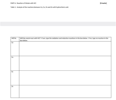 solved 8 marks] part a reaction of metals with hci table