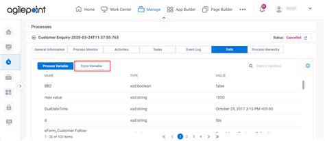 Process Detail Screen Data Tab Form Variable Tab
