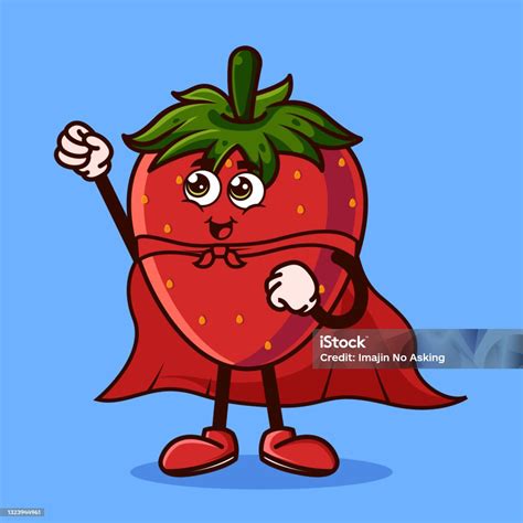 슈퍼 영웅 의상귀여운 딸기 과일 캐릭터와 비행을하려고합니다 과일 문자 아이콘 개념 격리 이모티콘 스티커 플랫 만화 스타일 벡터 감정에 대한 스톡 벡터 아트 및 기타 이미지
