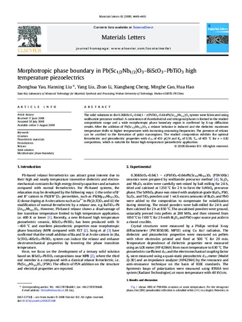 Pdf Morphotropic Phase Boundary In Pb Sc1 2nb1 2 O3 Bisco3 Pbtio3 High Temperature Piezoelectrics
