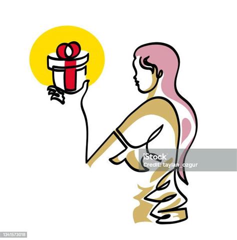 행복한 여자의 한 줄 그림은 그녀의 손에 선물 상자를 들고있다 라인아트에 대한 스톡 벡터 아트 및 기타 이미지 라인아트