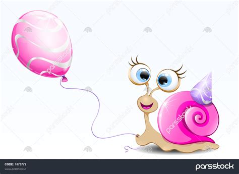 حلزون کارتونی خنده دار دختر با بادکنک صورتی و کلاه تولد 1670772