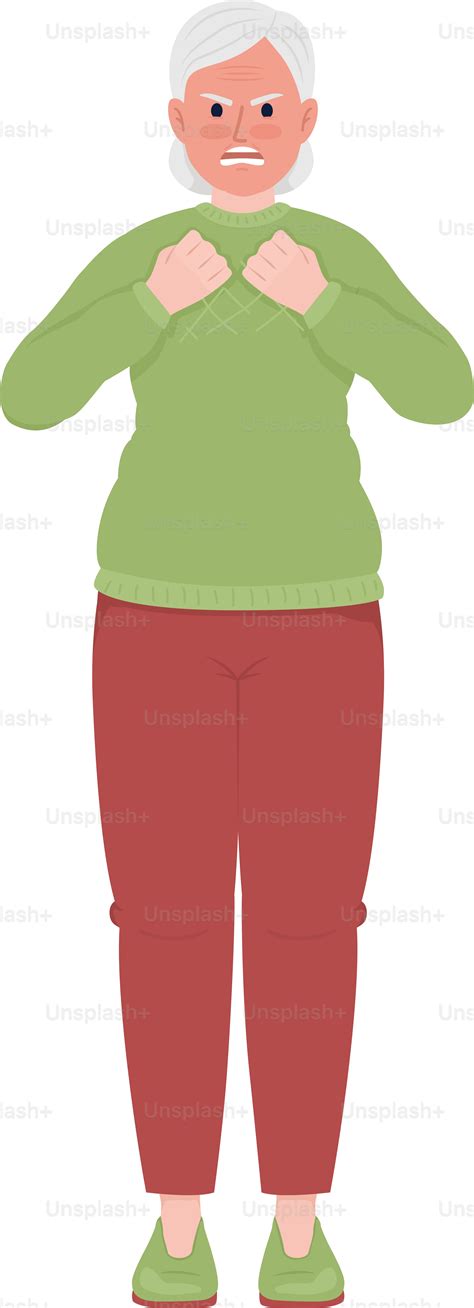 빨간 얼굴 세미 플랫 컬러 벡터 캐릭터를 가진 화난 늙은 여자 편집 가능한 그림입니다 흰색에 전신 사람 웹 그래픽 디자인 및 애니메이션을 위한 Fury 간단한 만화