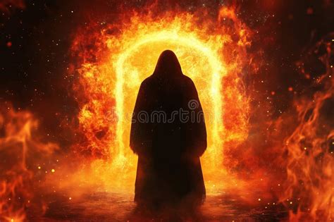 Mysterious Figure Cloaked In Flames Standing Before Fiery Portal Dark