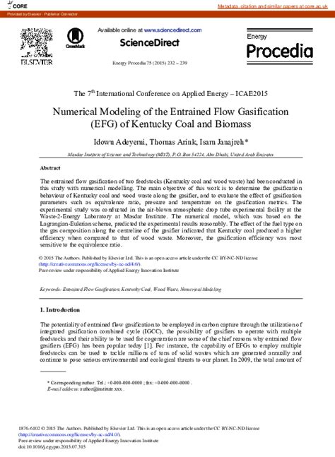 Pdf Numerical Modeling Of The Entrained Flow Gasification Efg Of Kentucky Coal And Biomass