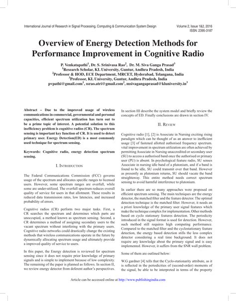 Pdf Overview Of Energy Detection Methods For Performance Improvement In Cognitive Radio